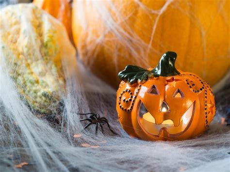 Premium Photo Halloween Squash And Candle Spider Net