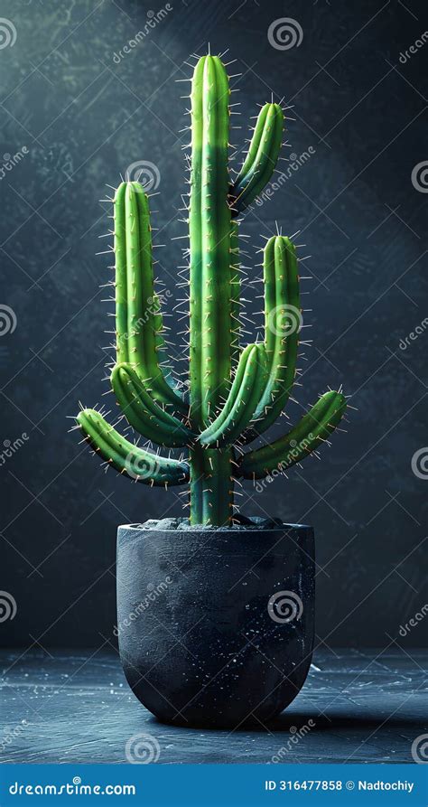Terrestrial Plant Saguaro Cactus In Black Flowerpot On Table Stock