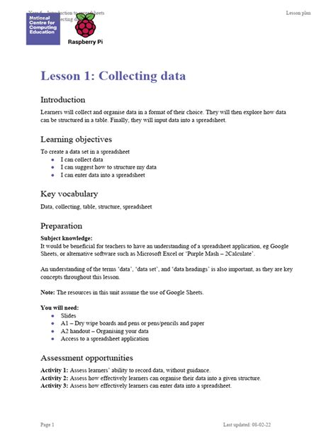 L1 Lesson Plan Introduction To Spreadsheets Y6 Pdf Spreadsheet