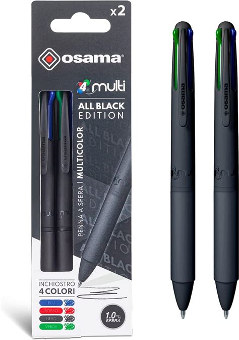 OSAMA 4 MULTI Penna A Sfera Quattro Colori ALL BLACK Pack Da 2 Pezzi