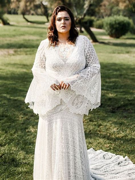 Rustic Bohemian Plus Size Wedding Dress With Gorgeous Bell Sleeves And