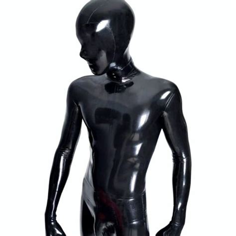 Men Latex Full Bodysuit Rubber Cover With Hood Catsuit Tight Uniform