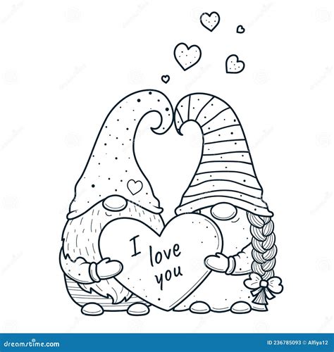 Cute Valentine Gnomes Gnomes With Hearts For Coloring Bookline Art