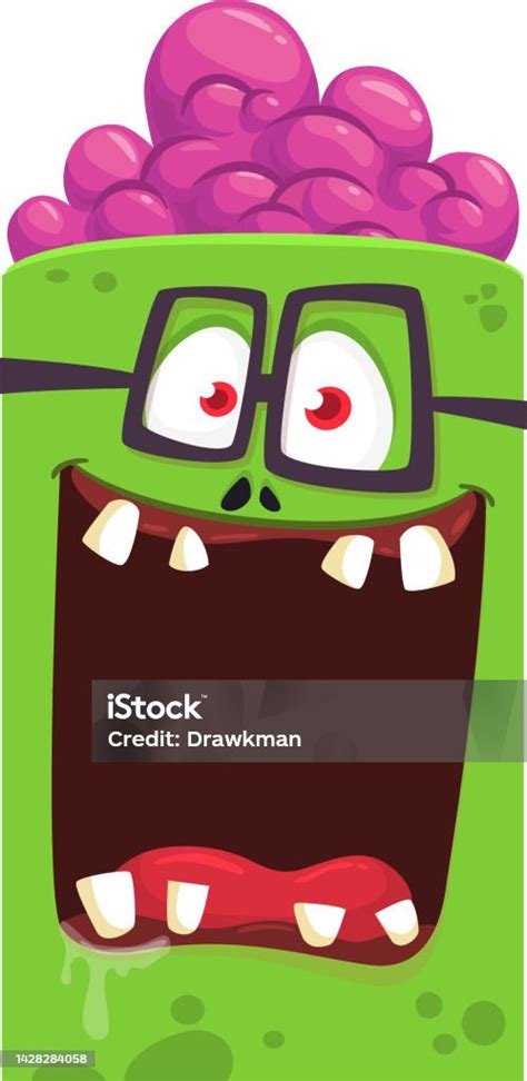 재미있는 표정의 만화 좀비 얼굴은 텍스트를위한 입 빈 공간 배너를 열었습니다 벡터 일러스트레이션 격리 배너 엽서 포스터를위한 할로윈 디자인 요소 공란에 대한 스톡 벡터 아트