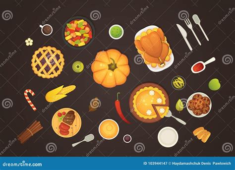 感恩盘菜单与烤火鸡传染媒介动画片的顶视图桌 南瓜用巴里饼和肉 向量 向量例证 插画 包括有 愉快 饮料 103944147