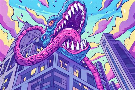 Cartoon Cute Doodles Of A Kaiju Getting Tangled In Its Own Long Tongue