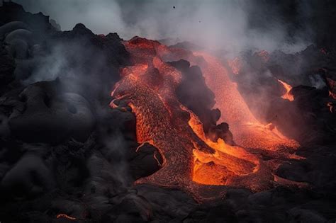 Espetacular exibição de lava em cascata pela lateral do vulcão fumaça saindo da cratera