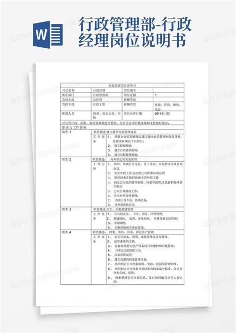 行政管理部 行政经理岗位说明书Word模板下载 编号lrmbkvnk 熊猫办公