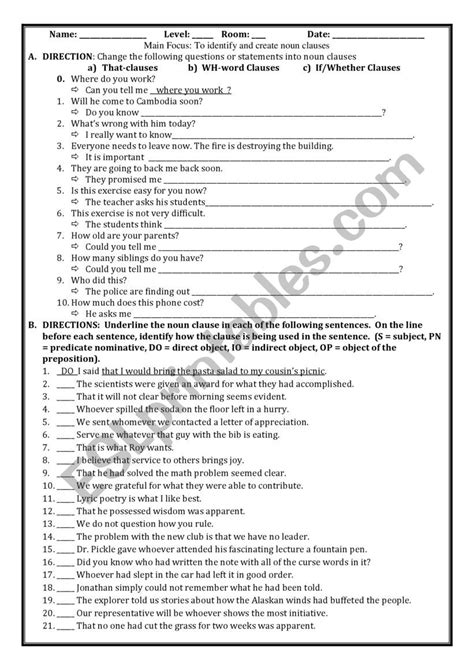 Noun Clause Worksheet ESL Worksheet By Cheancheanchean