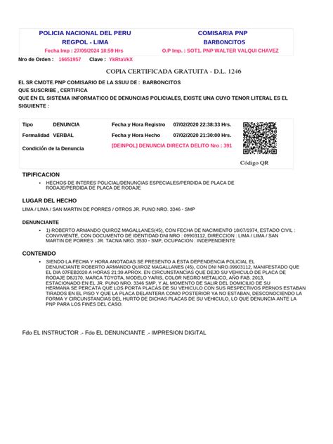 Denuncia Por Pérdida De Placa Vehicular Pdf Documento De Identidad