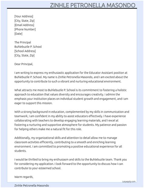 Cover Letter For Educator Assistant Lazyapply