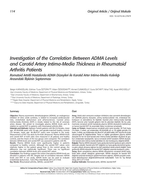 PDF Romatoid Artritli Hastalarda ADMA Düzeyleri ile Karotid Arter