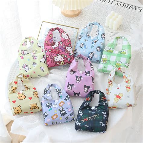 카와이 애니메이션 산리오스 프린트 접이식 친환경 쇼핑백 토트 접이식 파우치 핸드백 여행 식료품 가방용 대용량