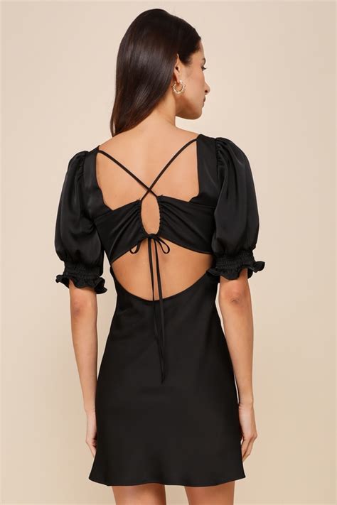 Black Satin Dress Lace Up Dress Puff Sleeve Mini Dress Lulus