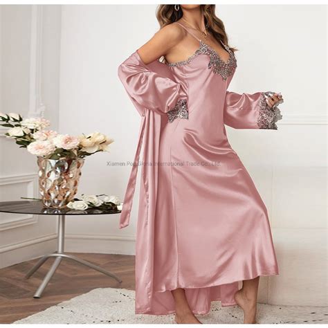 Intiflower Women Sexy Embroidered Nightgown Lace Suspender Skirt Robe