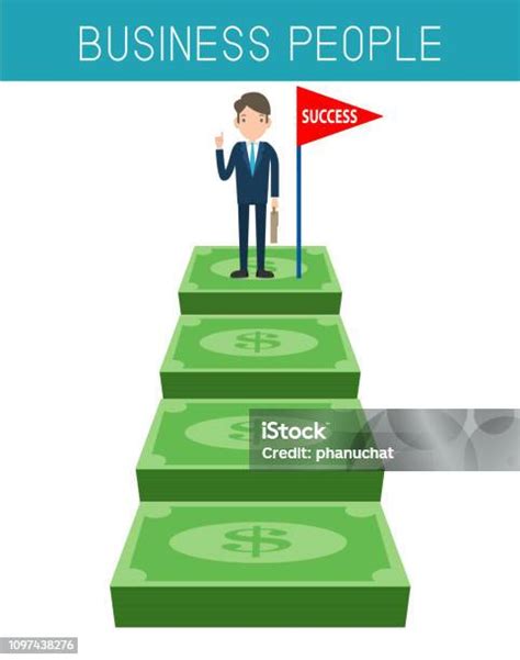 목표 성공 성취와 도전 비즈니스 사람들 개념 평면 고립 된 배경 디자인 사업가 열 현금 위에 깃발을 들고 벡터 일러스트 레이 션 개념에 대한 스톡 벡터 아트 및 기타 이미지
