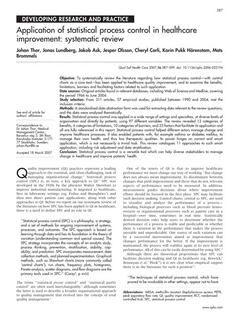 Pdf Application Of Statistical Process Control In Healthcare Improvement Systematic Review