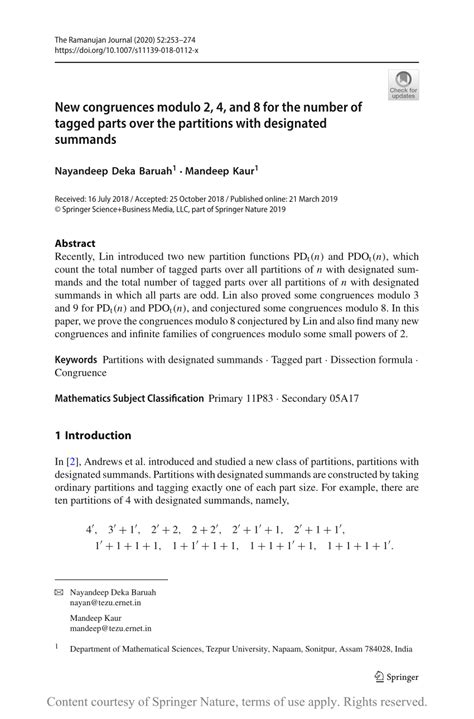 New Congruences Modulo 2 4 And 8 For The Number Of Tagged Parts Over The Partitions With