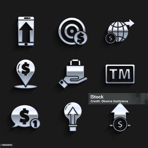 손과 종이 쇼핑백 전구 금융 성장 동전 상표 달러와 말풍선 현금 위치 지구 지구본과 스마트 폰 휴대 전화 아이콘을 설정합니다 벡터 Brand Name Smart Phone에