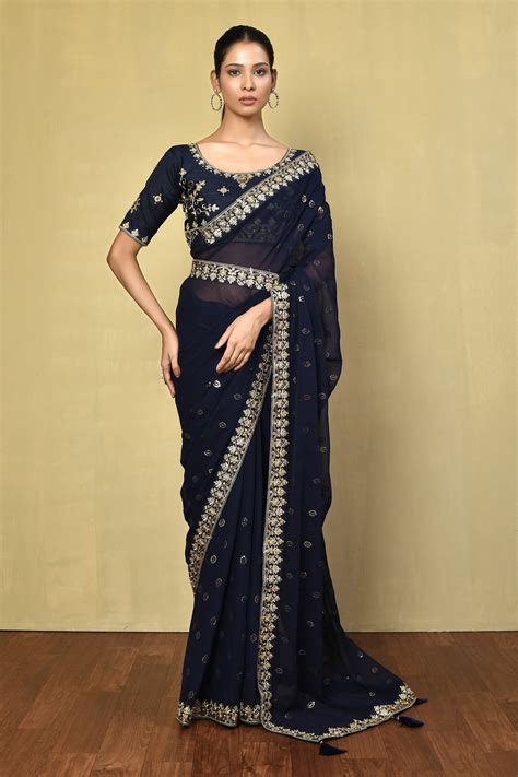 Buy Nazaakat By Samara Singh Blue Geometric Embroidered Saree With