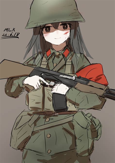 Safebooru 1girl Absurdres Armband Assault Rifle Black Hair Blood