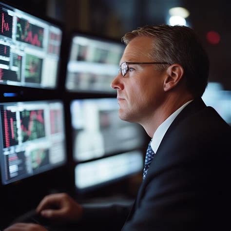 Focused Businessman Analyzing Financial Data On Multiple Monitors