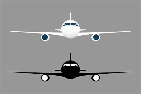 現代の白い飛行機と灰色の背景に分離された黒いシルエット正面図車両白い航空機民間航空 イラストレーションのベクターアート素材や画像を多数ご