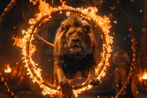 Majestic Lion Leaping Through A Flaming Hoop In A Vintage Circus Ring