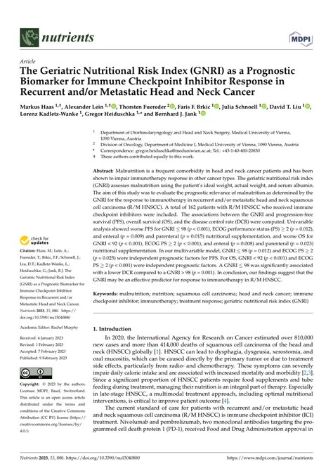 Pdf The Geriatric Nutritional Risk Index Gnri As A Prognostic