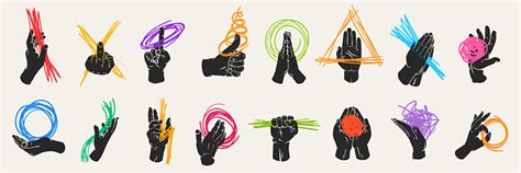 추상적이고 귀여운 곱슬 낙서 또는 획과 실루엣으로 예술 구성을 창의적이고 최소한의 플랫 스타일로 다양한 손으로 설정하십시오 컬렉션 디자인 요소 벡터 그림입니다 개념에 대한