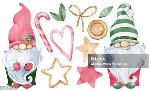 귀여운 작은 크리스마스 노움 컬렉션 컬러풀한 녹색과 빨간색 모자를 쓰고 새해 노움의 수채화 세트 그놈에 대한 스톡 벡터 아트 및 기타 이미지 Istock