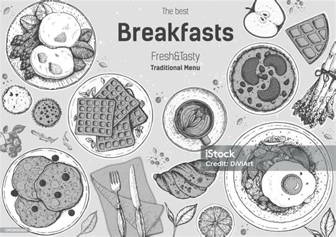 아침 식사 상단 보기 프레임 아침 음식 메뉴 디자인 아침 식사와 브런치 요리 컬렉션 빈티지 손으로 그린 스케치 벡터 일러스트 각인 된 스타일 사과에 대한 스톡 벡터 아트 및