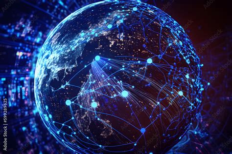Generative Ai Image Of Futuristic Global Network Interface With Glowing Blue And Red Neon Lights
