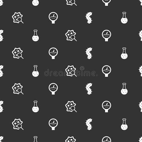 Set Virus Test Tube Microorganisms Under Magnifier And Gauge Scale On Seamless Pattern Vector
