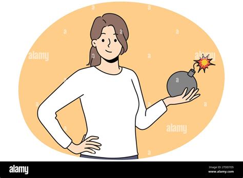 Smiling Young Woman Holding Bomb In Hands Happy Girl With Explosive