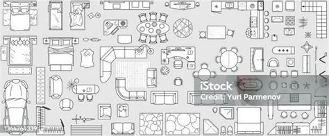 내부 아이콘 디자인의 상단 보기를 설정합니다 평면도 가구를 최고로 조망할 수 있는 건축 계획 아파트의 레이아웃 기술 드로잉 부엌 거실과 침실 벡터 일러스트레이션 평면도에