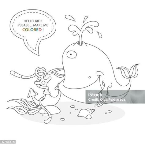 흑백 색칠 공부 책 페이지 재미 귀여운 고래 침몰 앵커와 껍질 수중 식물의 만화 캐릭터 어린이 의 발달을위한 세트에서 카드 벡터 일러스트레이션 가라앉은에 대한 스톡 벡터