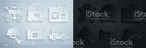 로봇 청사진 마더 보드 디지털 칩 웨이터 로봇 자율 스마트 자동차 진공 청소기 및 화성 로버 아이콘을 설정합니다 벡터 3차원 형태에 대한 스톡 벡터 아트 및 기타 이미지