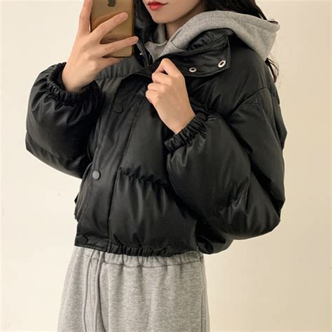 미로 루즈핏 레더 숏 패딩 점퍼 가죽 크롭 아우터 밴딩 유니크