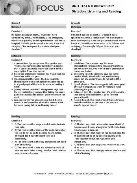 Focus3 2e Unit Test Dictation Listening Reading Unit6 Groupa B Answers