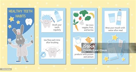 아이들을위한 귀여운 치과 치료 브로셔 디자인 귀여운 웃는 캐릭터와 벡터 재미 Stomatology 정보 전단지 어린이를위한 건강한 치아 습관 정보 카드 템플릿 치과 의사