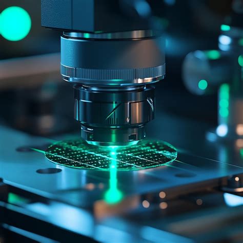 Closeup Of A Microscope Lens Focusing On A Silicon Wafer With A Green