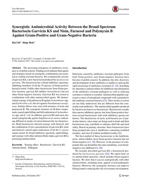 Pdf Synergistic Antimicrobial Activity Between The Broad Spectrum Bacteriocin Garvicin Ks And