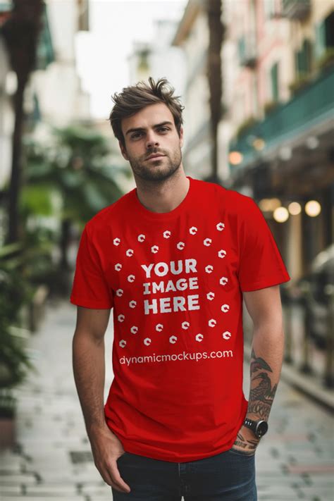 Man Wearing Red T Shirt Mockup Front View Template
