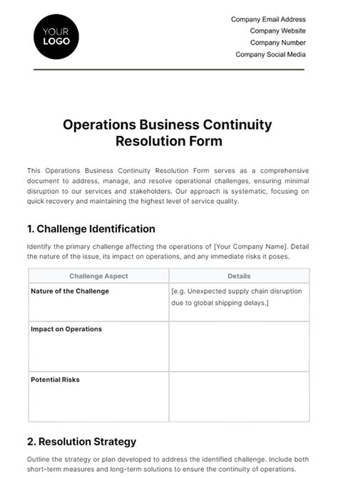 Free Operations Business Continuity Resolution Form Template To Edit Online