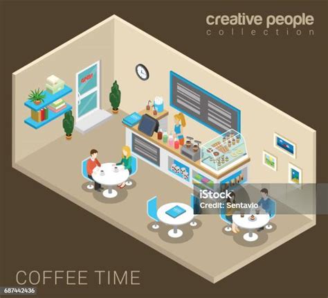 커피 타임 추상 카페 개념 평면 3d 웹 아이소메트릭 Infographic 벡터 마시는 커피 테이블에 앉아 한 쌍 크리에이 티브