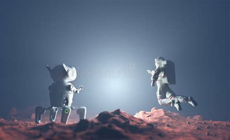 Astronaut And Ai Robot Explore Alien Planet Stock Illustration Illustration Of Robot Science