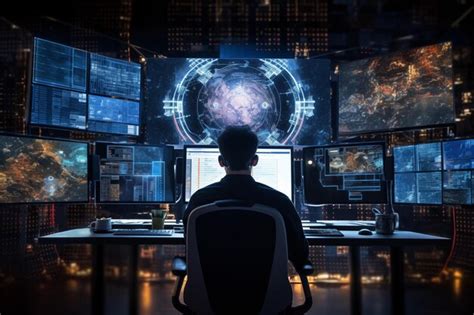 Premium Ai Image Man Sitting In Front Of Many Monitors And Tracking