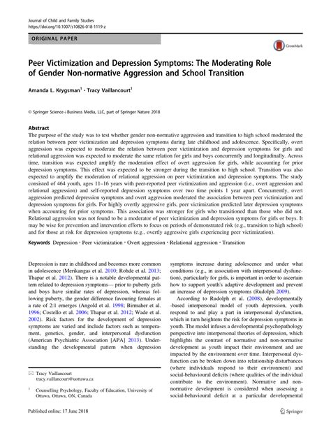 Pdf Peer Victimization And Depression Symptoms The Moderating Role Of Gender Non Normative
