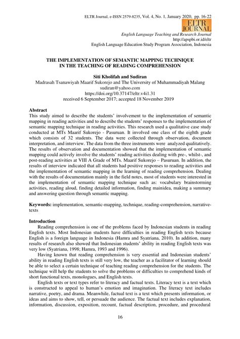 Pdf The Implementation Of Semantic Mapping Technique In The Teaching Of Reading Comprehension